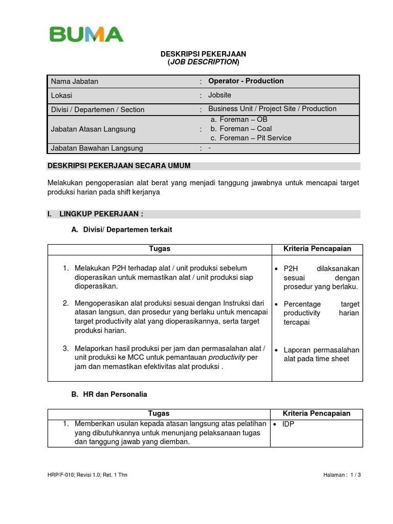 Deskripsi Jabatan Operator Produksi | PDF | Bisnis | Komputer