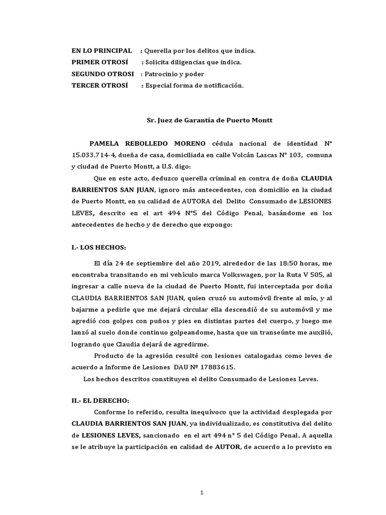 Querella por delito de lesiones leves cometido en contra de la querellante | PDF | Queja ...