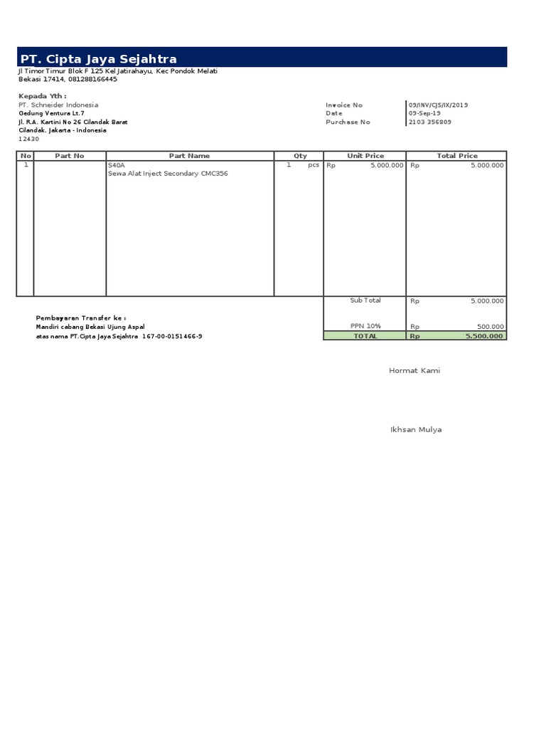 Invoice Sewa Alat Inject Secondary CMC356 | PDF