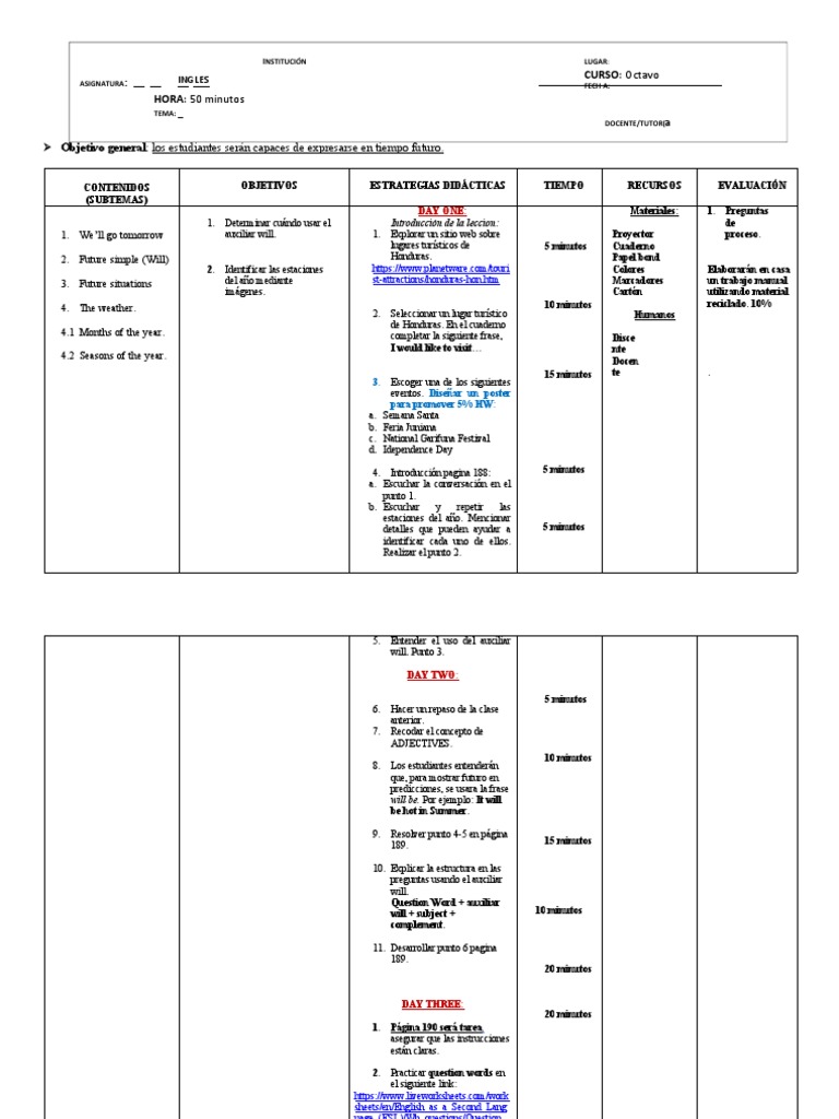 Plan de Clase INGLES | PDF