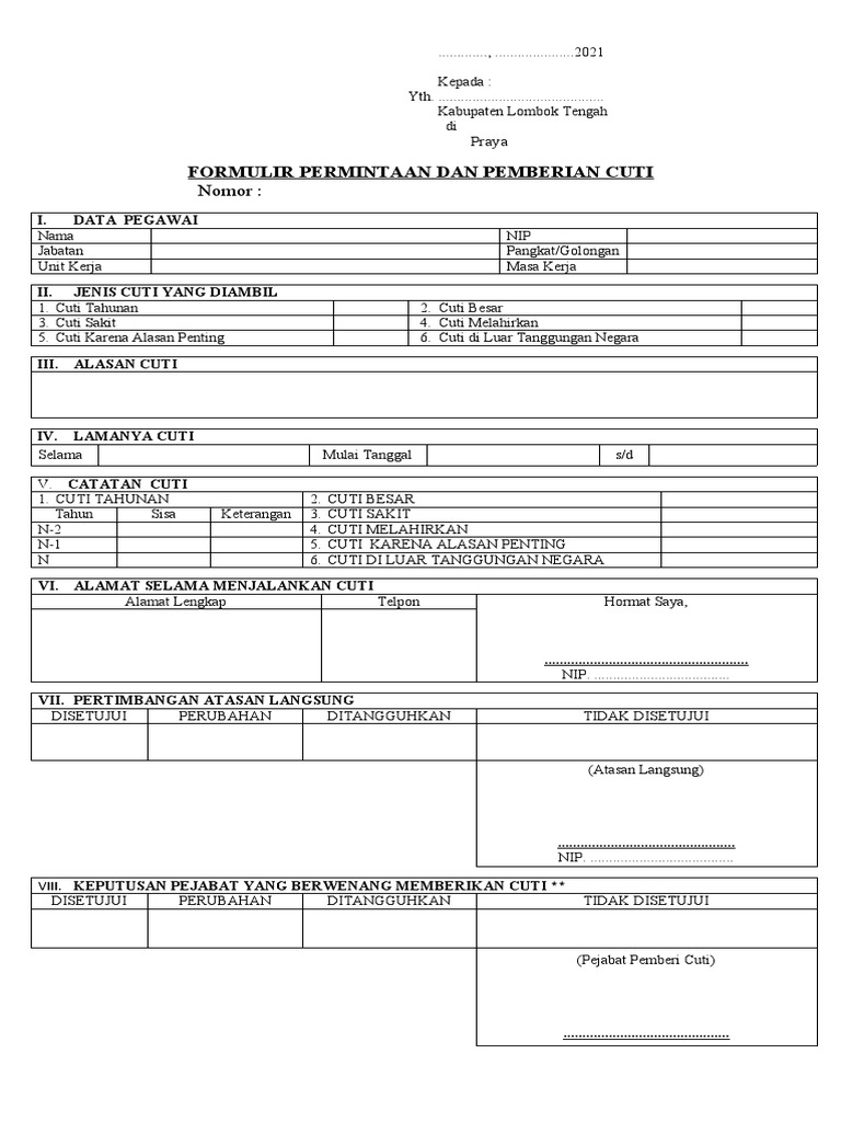Formulir Cuti PNS (Form Kosong) | PDF