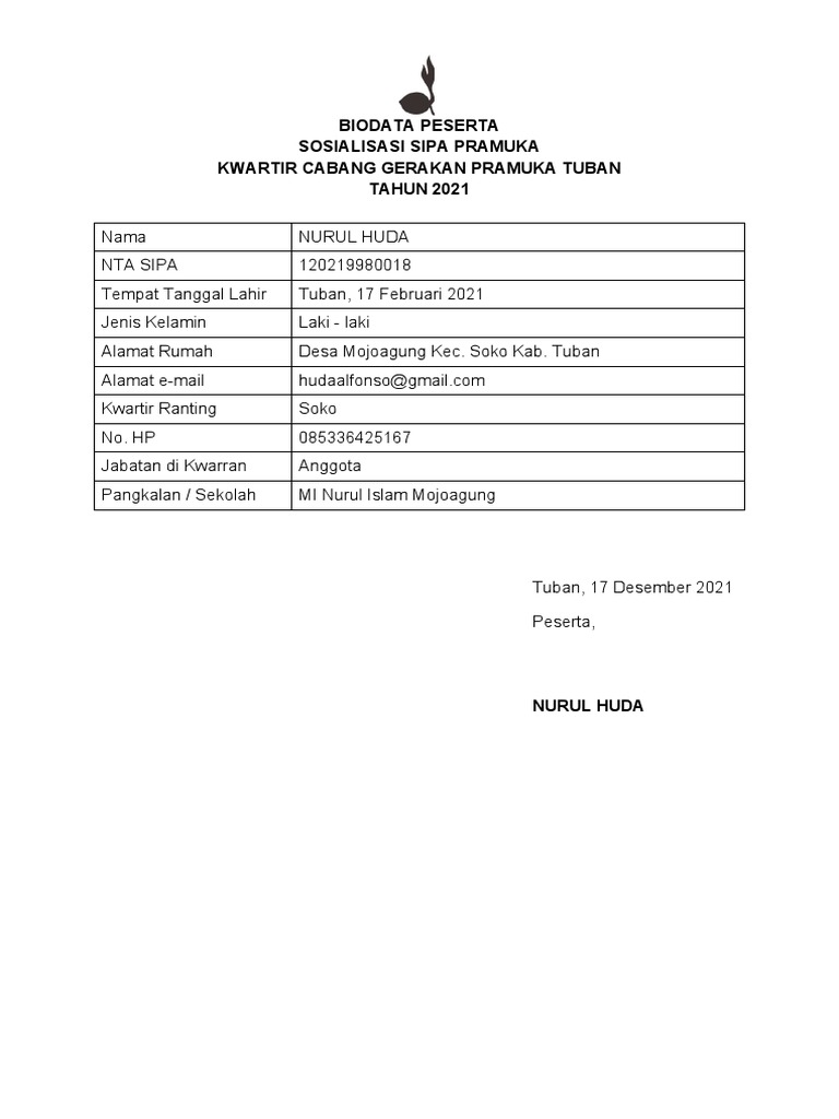 Form Biodata Peserta Sipa 2021 Nurul Islam | PDF