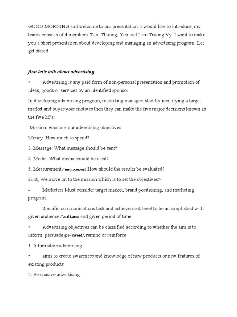 GOOD MORNING and Welcome To Our Presentation | PDF | Advertising | Brand
