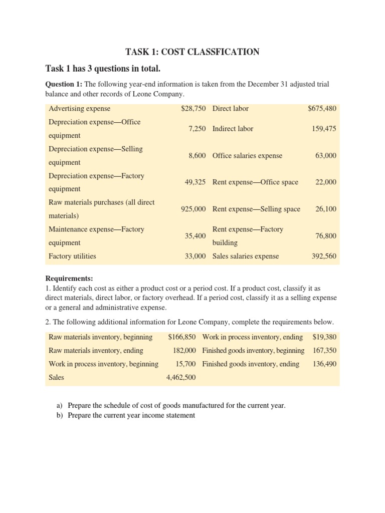 Task 1: Cost Classfication Task 1 Has 3 Questions in Total | PDF ...