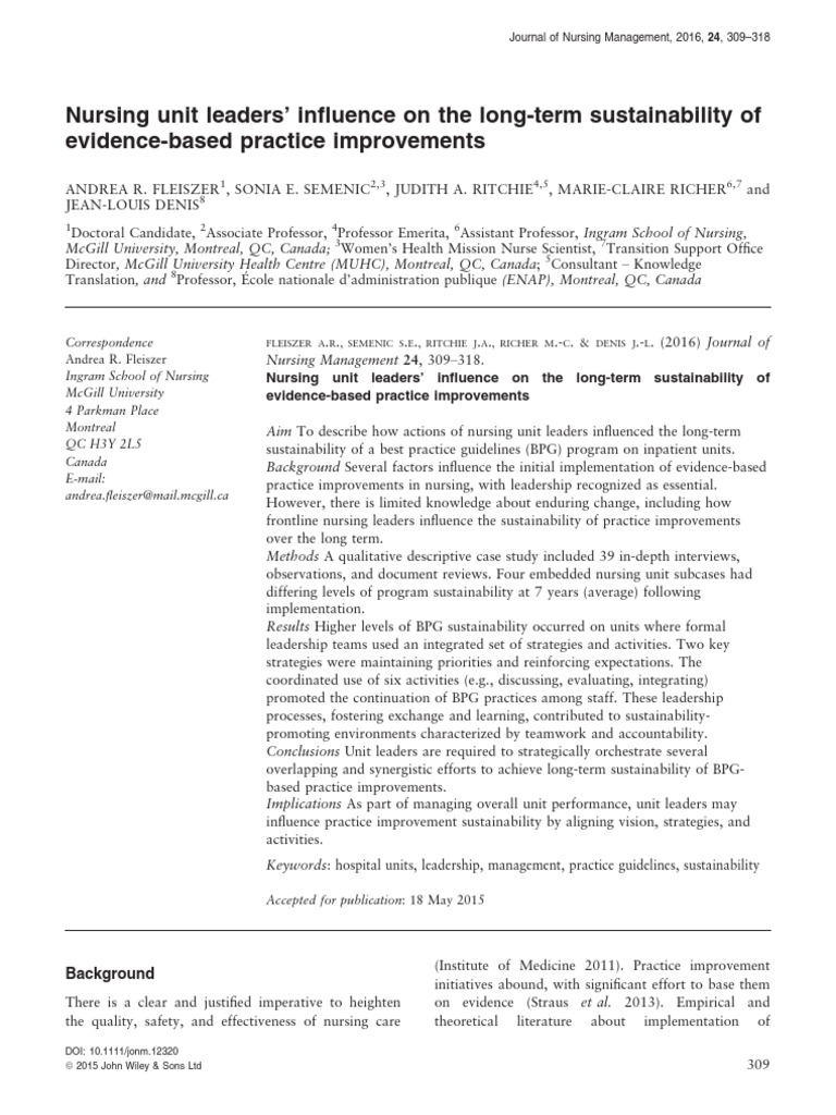 Nursing Unit Leaders' Influence On The Long-Term Sustainability of ...