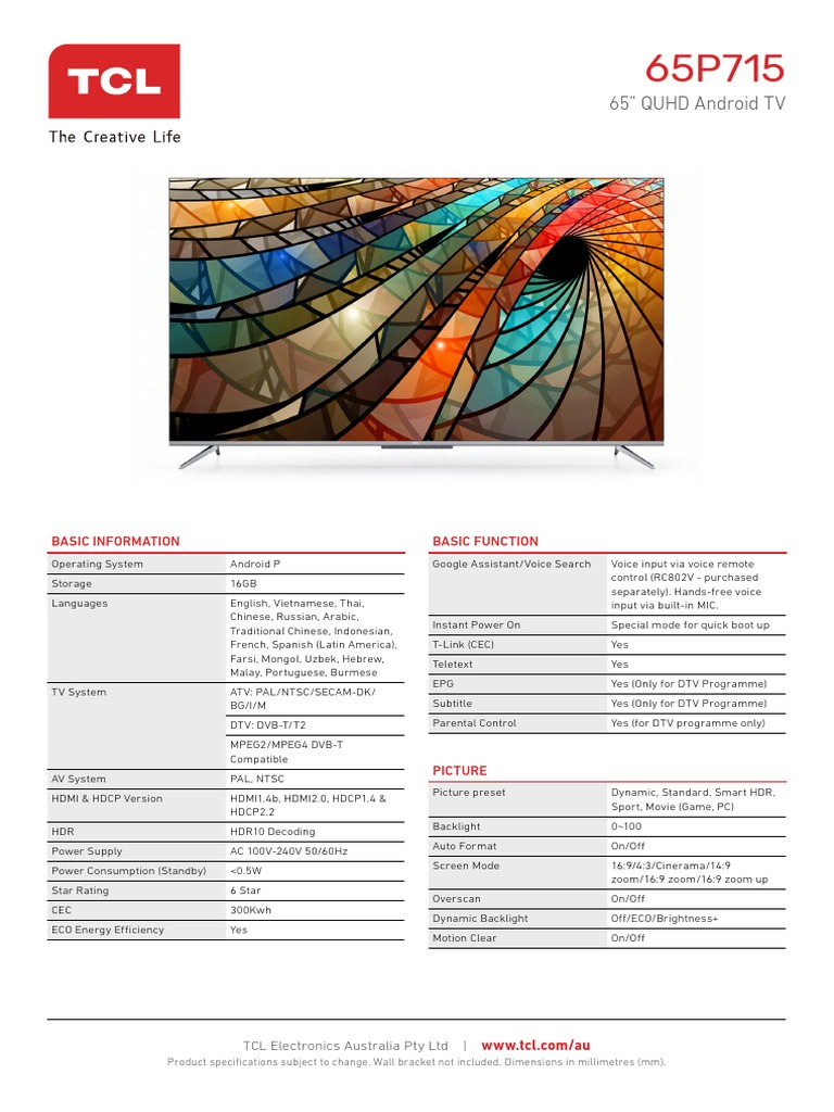 65" QUHD Android TV Specifications | PDF | Hdmi | Film And Video Technology