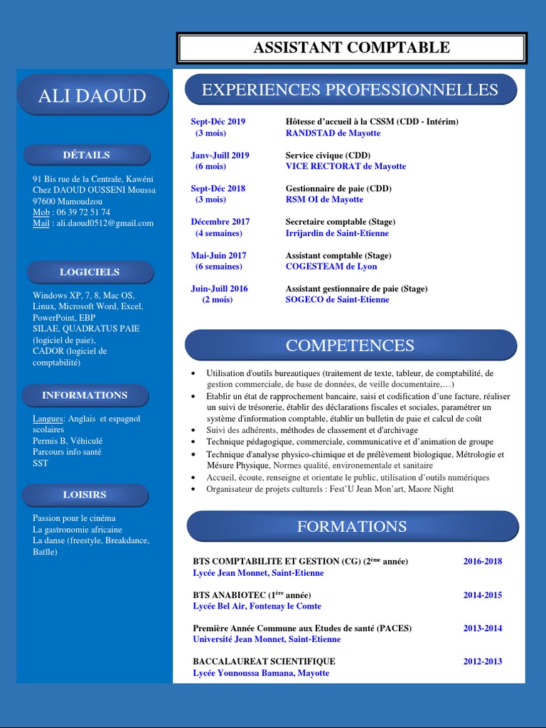 CV d'Assistant Comptable - Ali Daoud | PDF | Comptabilité | Informatique