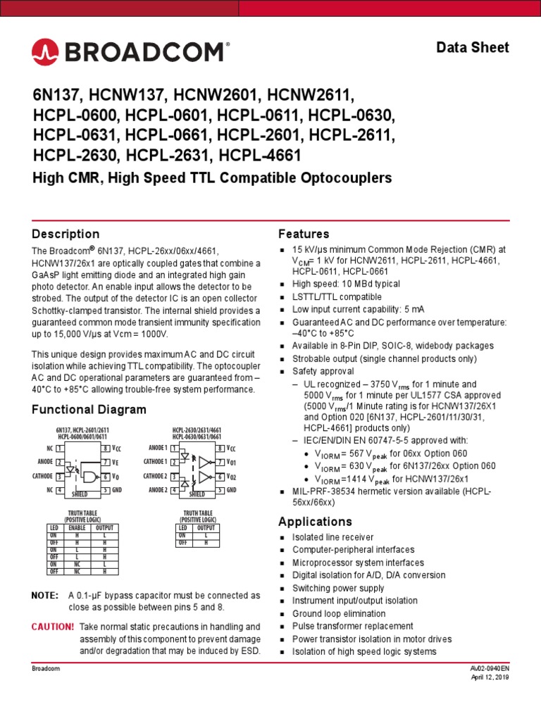 6N137, HCNW137, HCNW2601, HCNW2611, HCPL-0600, HCPL-0601, HCPL-0611 ...