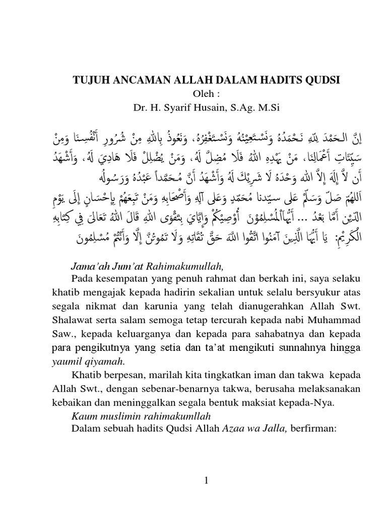 Khutbah Jum'at, TUJUH ANCAMAN ALLAH DALAM HADITS QUDSI | PDF