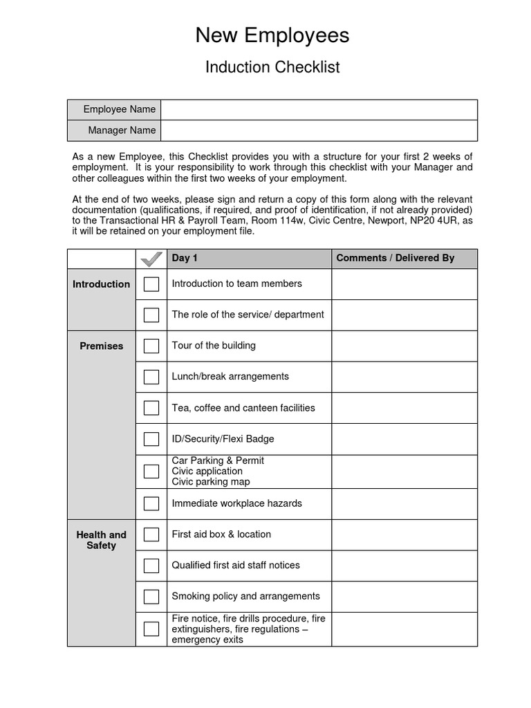 HR New Employees Induction Checklist | PDF | Employment | Occupational Safety And Health