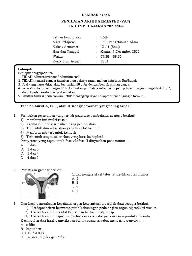 Soal Pas 9 2021/2022 | PDF
