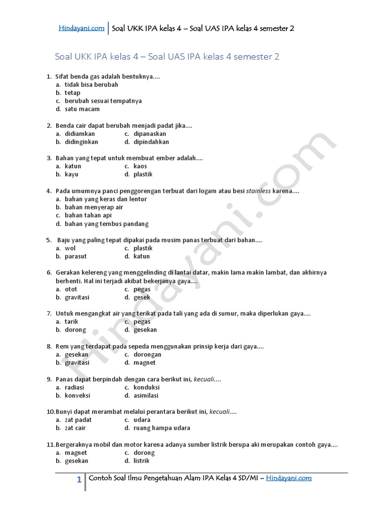 Kelas 4 SD - Soal UKK IPA Kelas 4 - Soal UAS IPA Kelas 4 Semester 2 | PDF