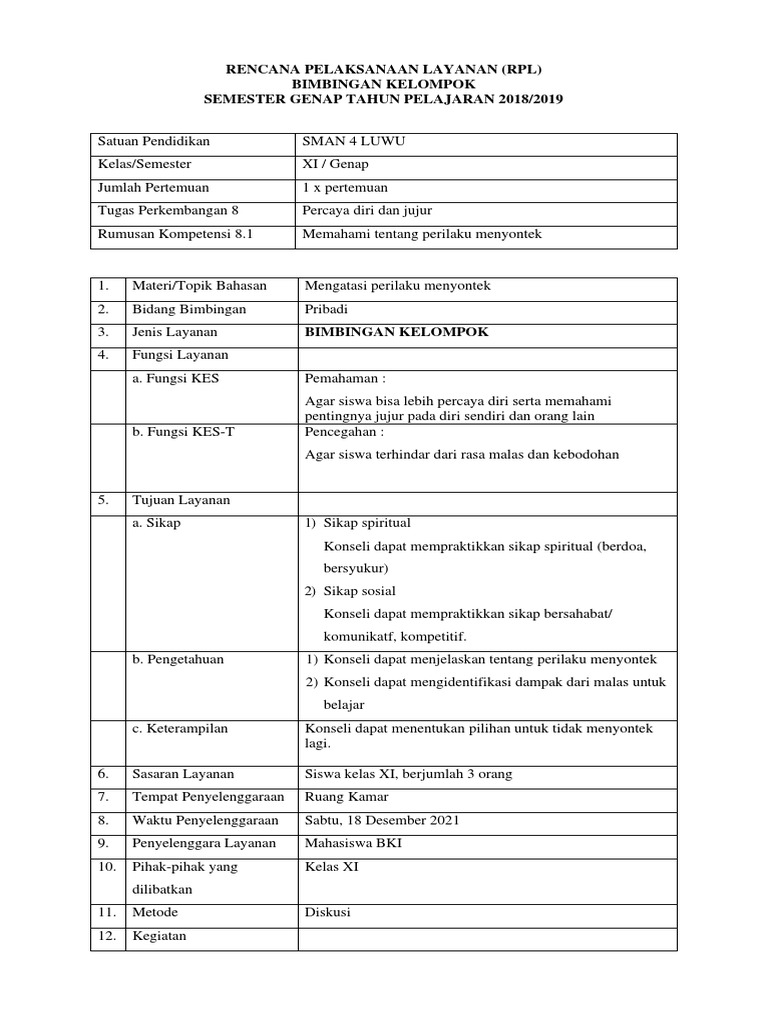 Rencana Pelaksanaan Layanan (RPL) Bimbingan Kelompok Semester Genap ...