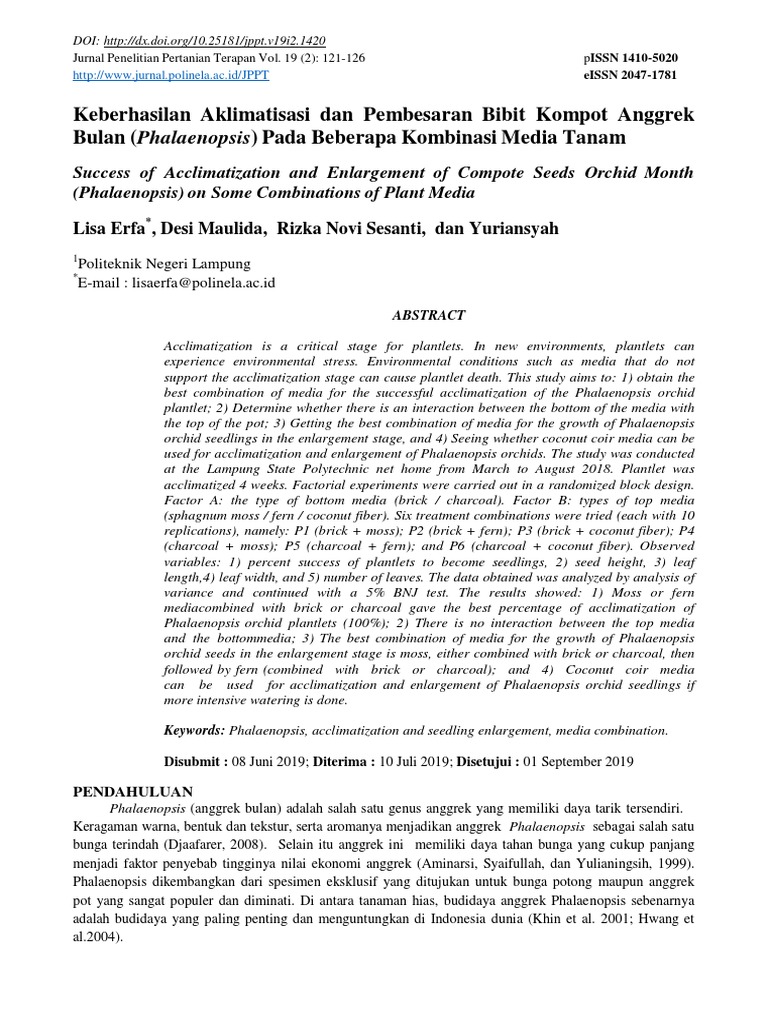 Keberhasilan Aklimatisasi Dan Pembesaran Bibit Kompot Anggrek Bulan ...