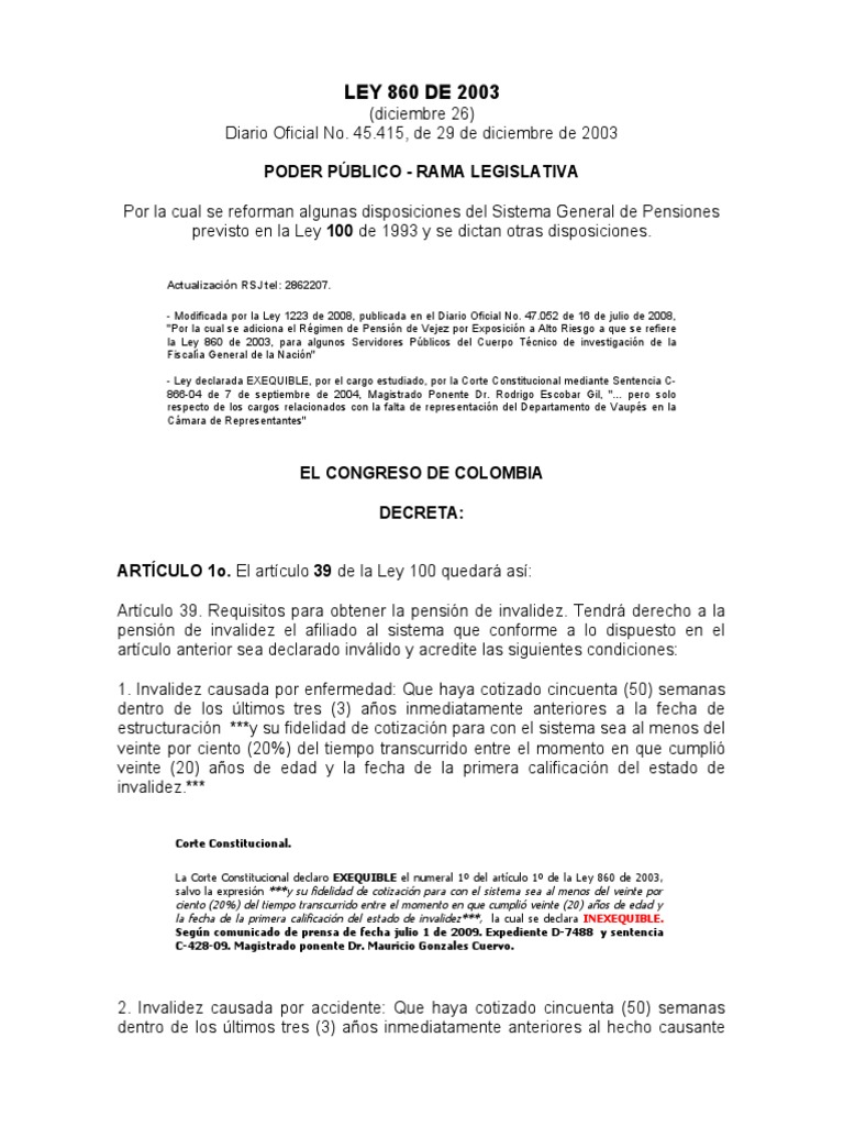 Ley 860 de 2003 Reforma Sistema General de Pensiones | PDF | Pensión ...