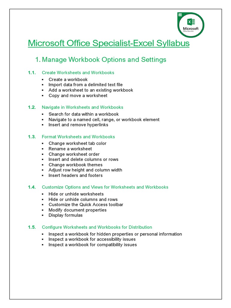 Microsoft Office Specialist-Excel Syllabus: 1. Manage Workbook Options ...