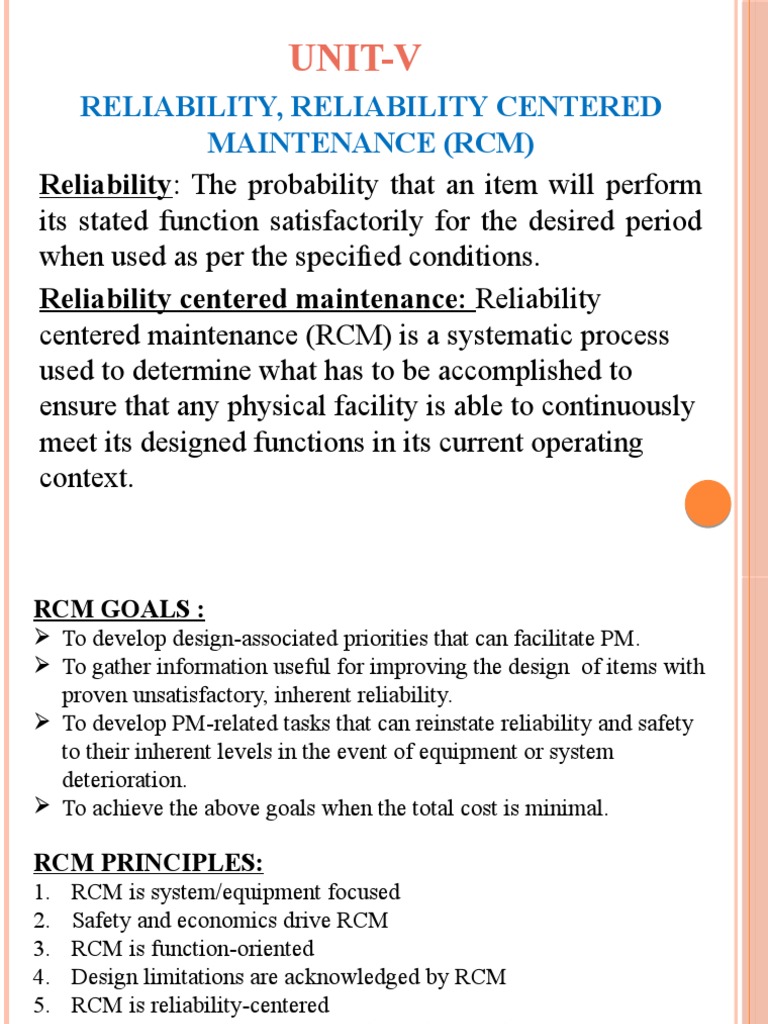 Unit-V: Reliability, Reliability Centered Maintenance (RCM) | PDF | Reliability Engineering ...