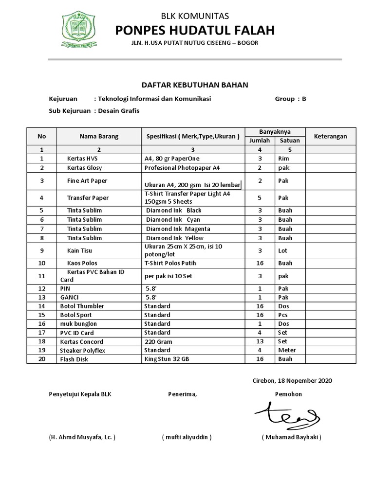 Daftar Kebutuhan Bahan PDF | PDF
