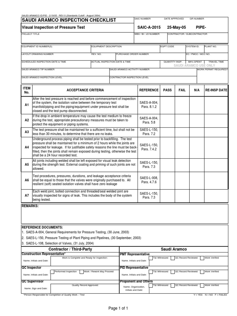 SAIC-A-2015 Visual Insp at Test Pres | PDF | Leak | Valve