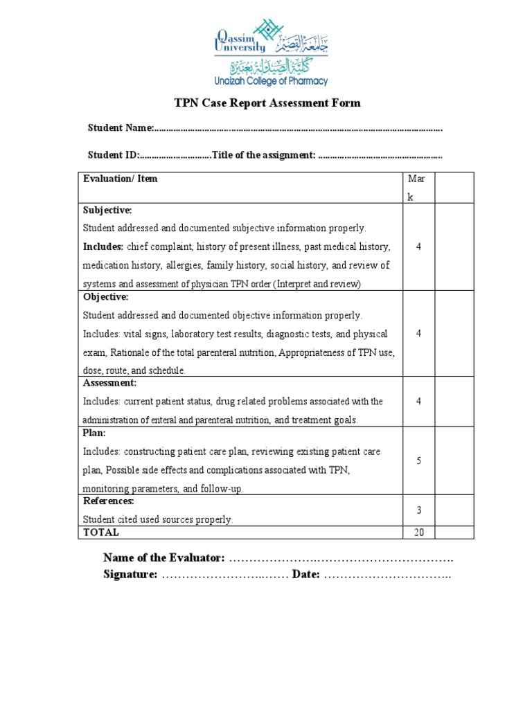 TPN Case Report Assessment Form: Interpret and Review) | PDF