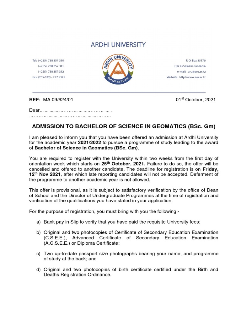 Admission Offer: BSc Geomatics | PDF | Bachelor's Degree | Undergraduate Education