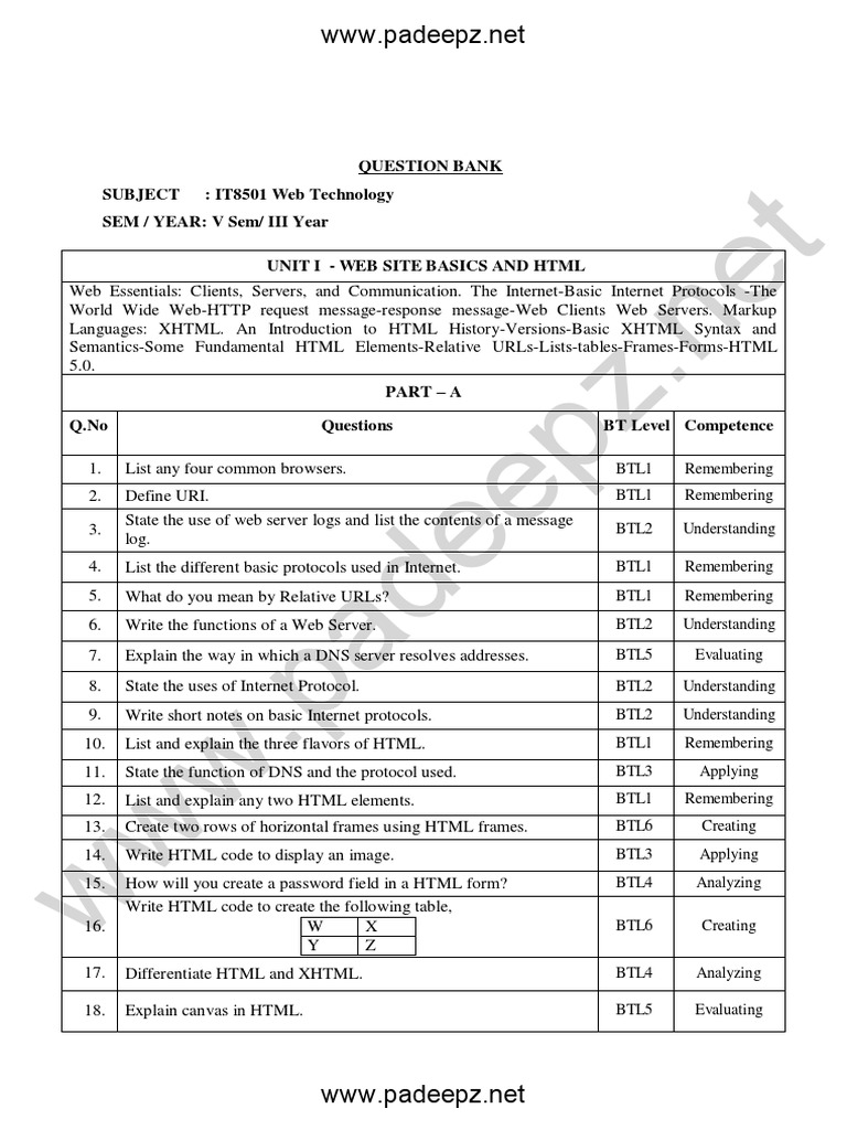 Question Bank Subject: IT8501 Web Technology Sem / Year: V Sem/ Iii Year | PDF | Html | Ajax ...