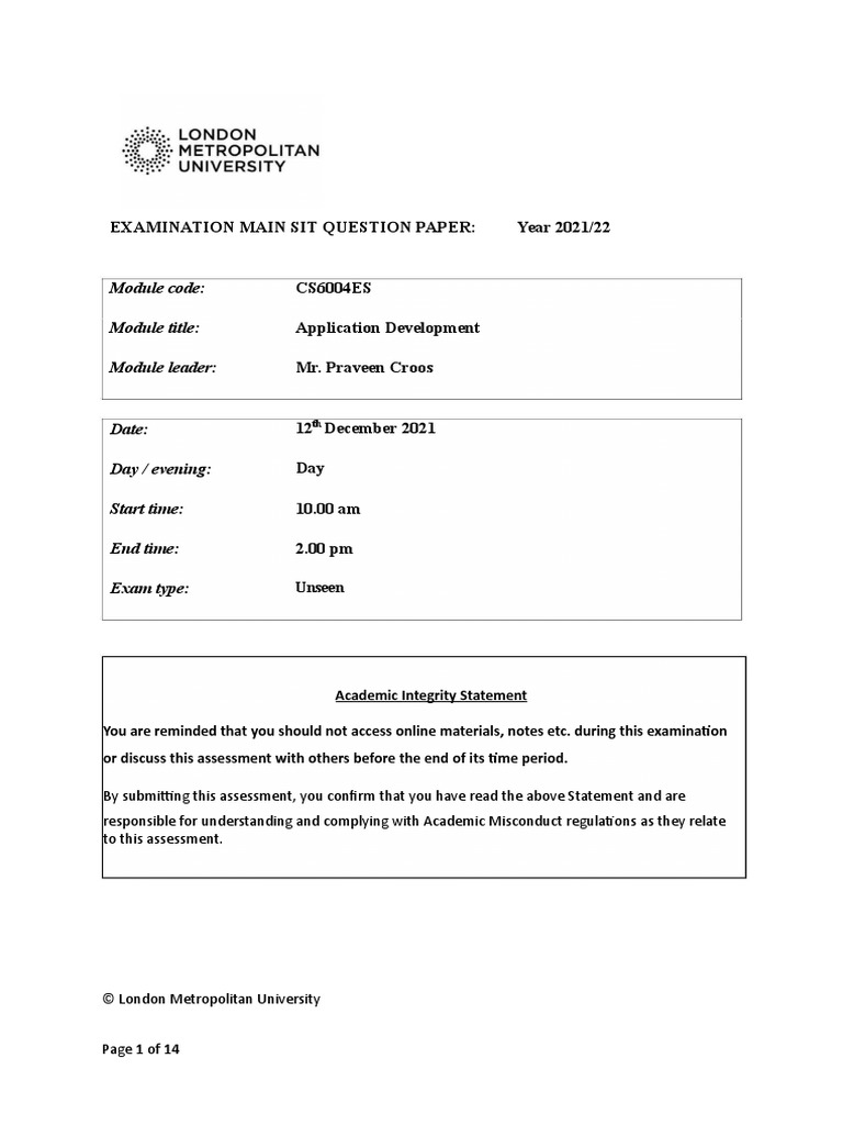 Examination Main Sit Question Paper: Year 2021/22: Module Code: Module ...