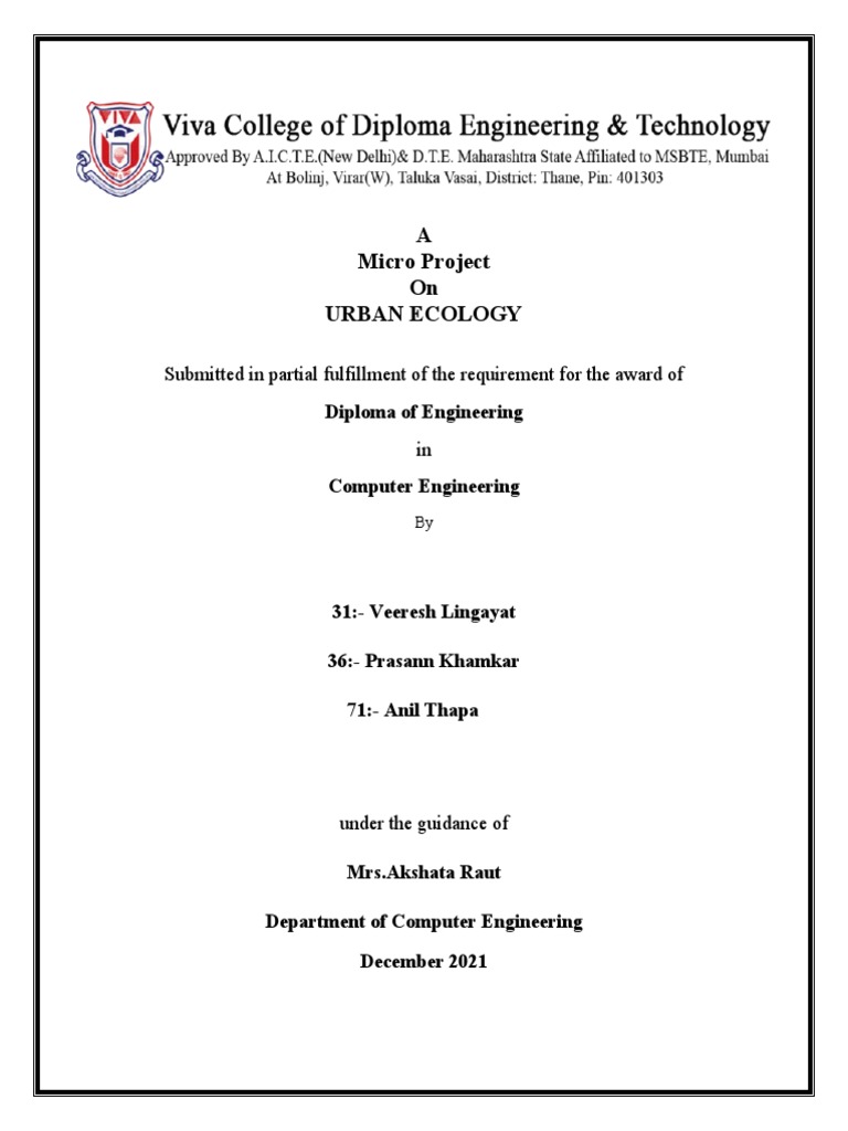 A Micro Project On Urban Ecology: Submitted in Partial Fulfillment of ...