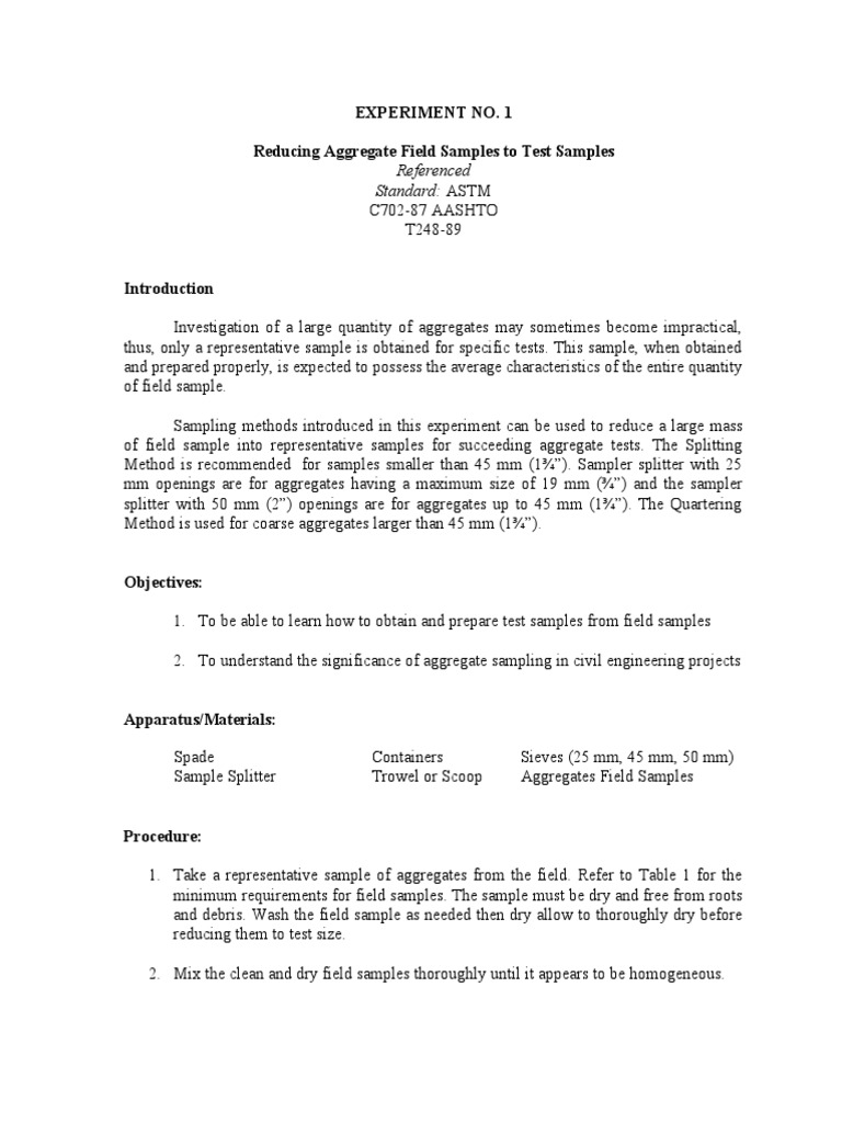 Experiment No. 1 Reducing Aggregate Field Samples To Test Samples | PDF ...