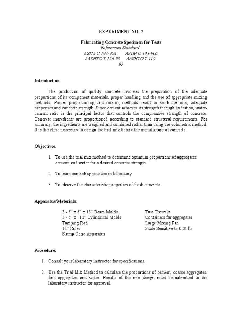 Experiment No. 7 Fabricating Concrete Specimen For Tests | PDF ...