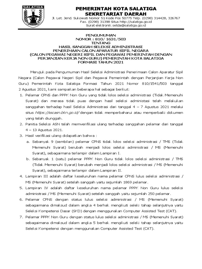 Pengumuman Hasil Sanggah Seleksi Administrasi Penerimaan ASN Pemerintah Kota Salatiga Tahun 2021 ...