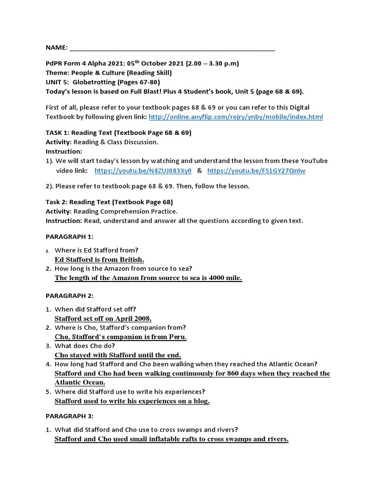 Nur Khairunnisa Bahdum - UNIT 5-GLOBETROTTING (READING PAGE 68 & 69) | PDF