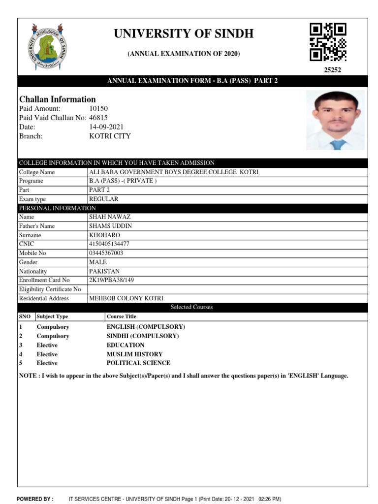 University of Sindh: Challan Information | PDF