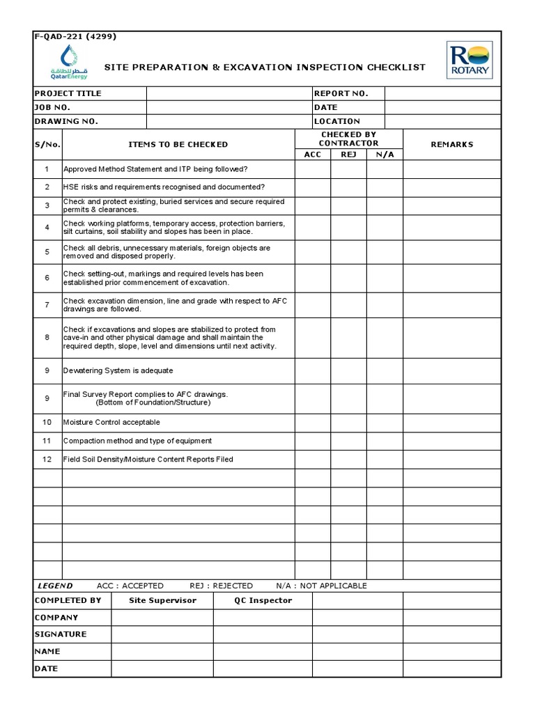 Earthwork Excavation Checklist | PDF
