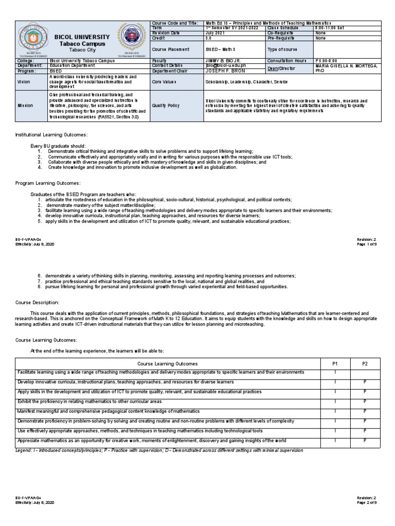 Syllabus Math Ed 15 Principles And Methods Of Teaching Pdf