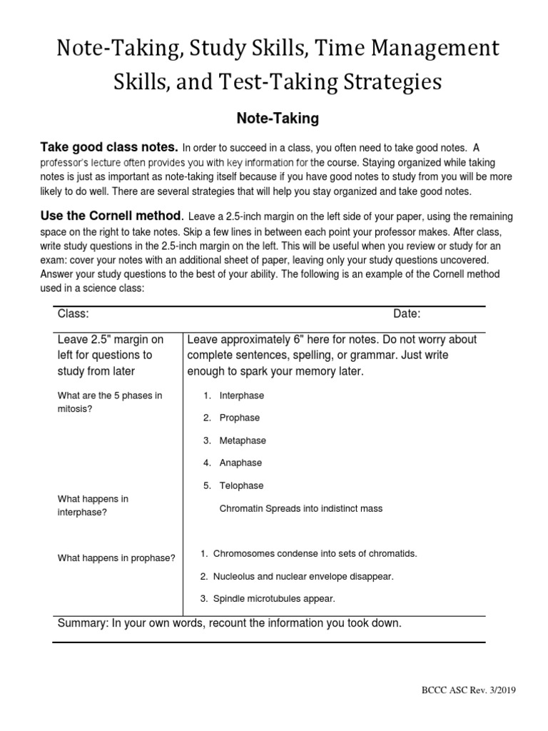 Note Taking Study Skills Time Management and Test Taking Handout | PDF ...