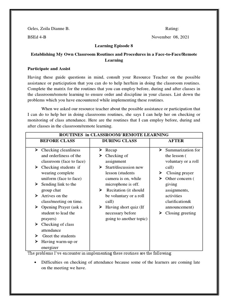 Learning Episode 8 Establishing My Own Classroom Routines and ...