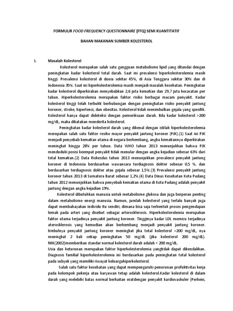 FFQ Semi Kuantitatif untuk Kolesterol | PDF