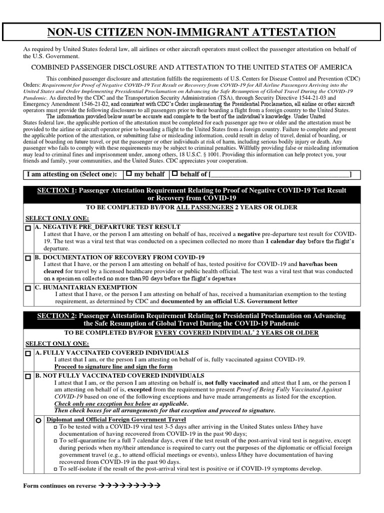 USA CDC Attestation Non Us National Resident Immigrant | PDF | Centers ...
