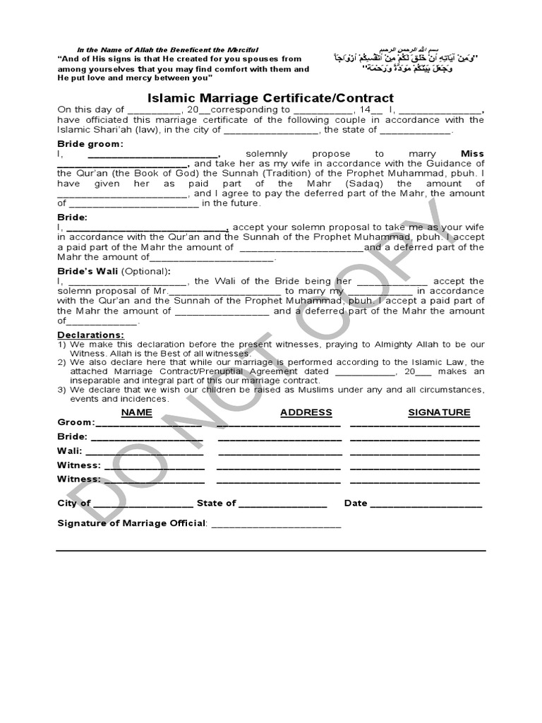 Islamic Marriage Contract Template | PDF | Islamic Ethics | Islamic ...