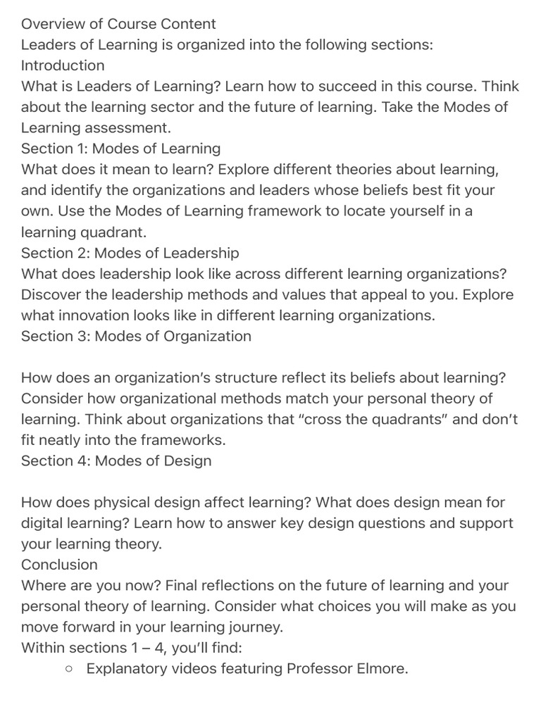 Leaders of Learning Course Overview | PDF