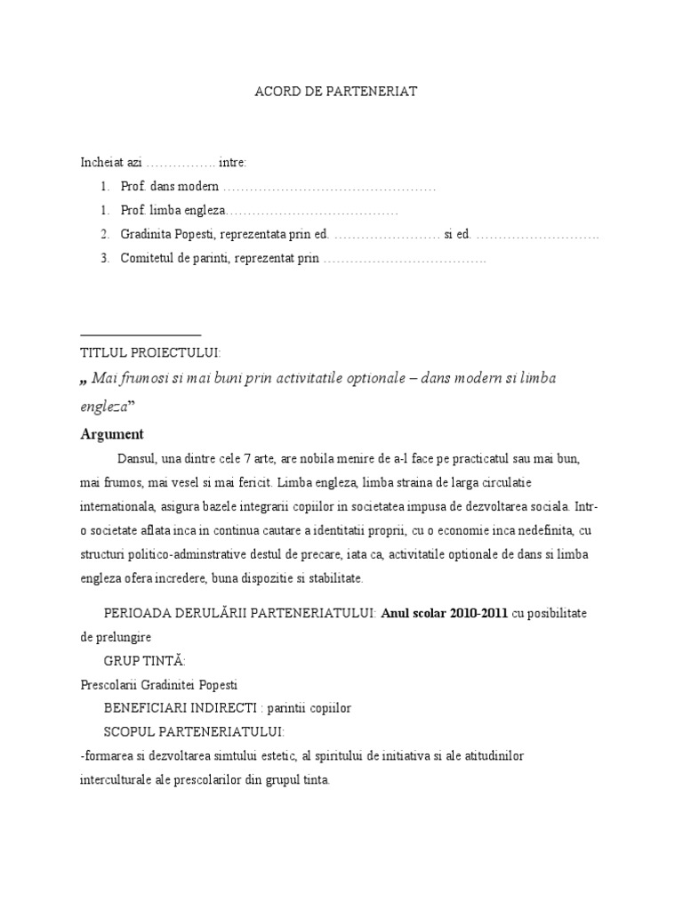 Acord de Parteneriat Gradinita | PDF