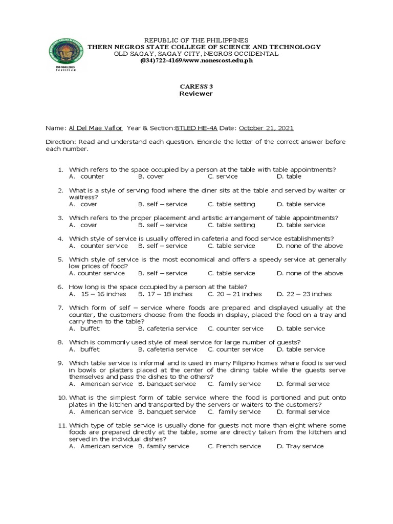 Table-Service-quiz OCT21 | PDF | Restaurants | Tableware