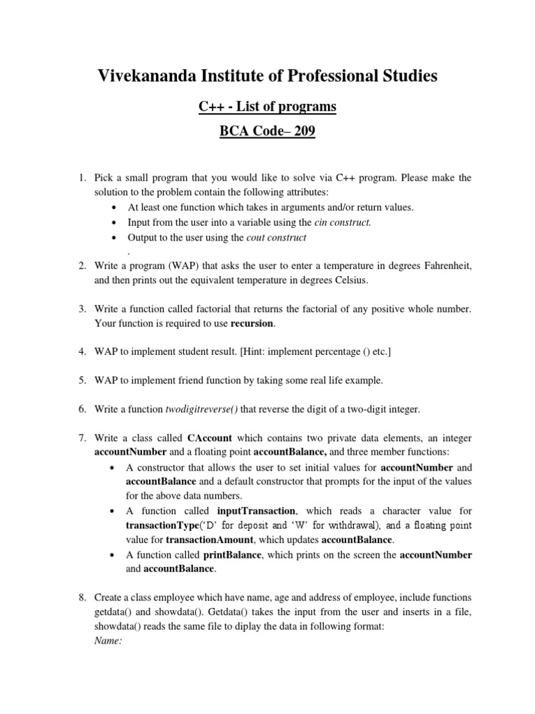 Vivekananda Institute of Professional Studies: C++ - List of Programs BCA Code - 209 | PDF ...