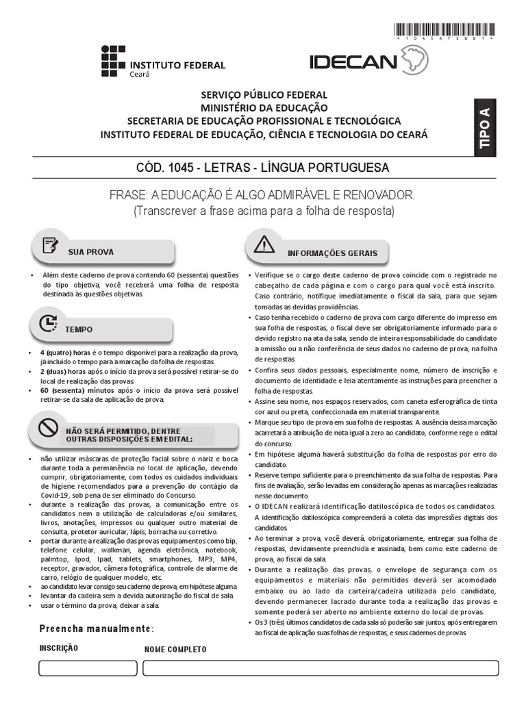Prova - Professor de Língua Portuguesa - Idecan - IFCE | PDF | Fome | Desenvolvimento profissional