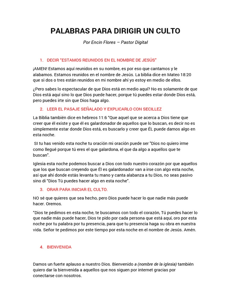 Palabras para Iniciar Un Culto | PDF | Oración