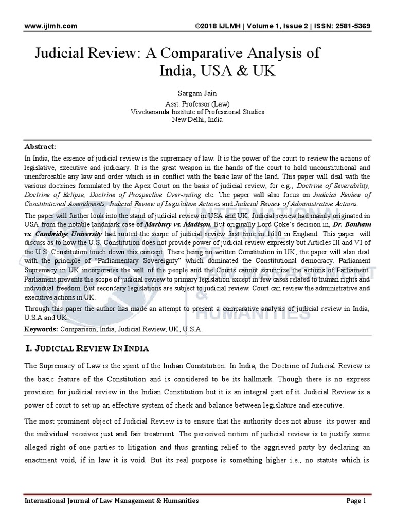 Judicial Review: India, USA, UK | PDF | Judicial Review | Marbury V. Madison