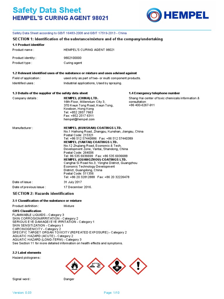 Hempel Curing Agent 98021 Msds | PDF | Dangerous Goods | Toxicity