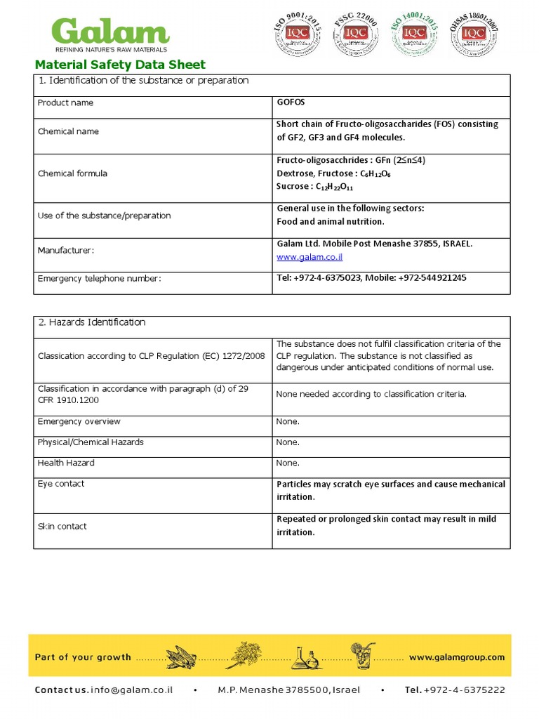 Material Safety Data Sheet for GOFOS: A Non-Hazardous Fructo ...