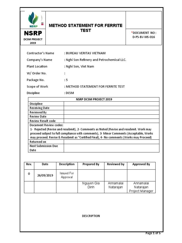 Method Statement For Ferrite Test: DCSM Project 2019 | PDF | Glove ...